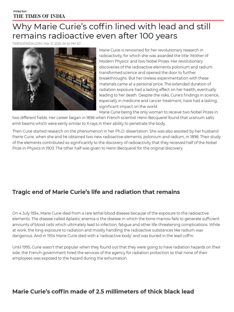 Why Marie Curie's Coffin Lined With Lead and Still Remains Radioactive ...