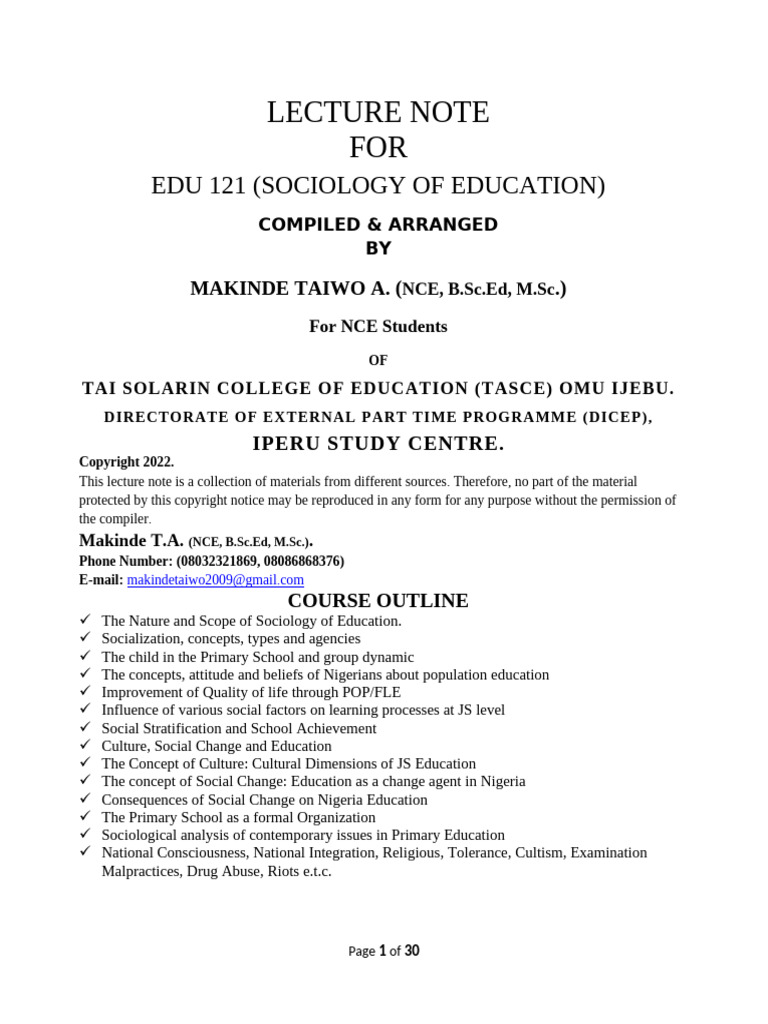 Sociology of Education Lecture Notes | PDF | Socialization | Sociology