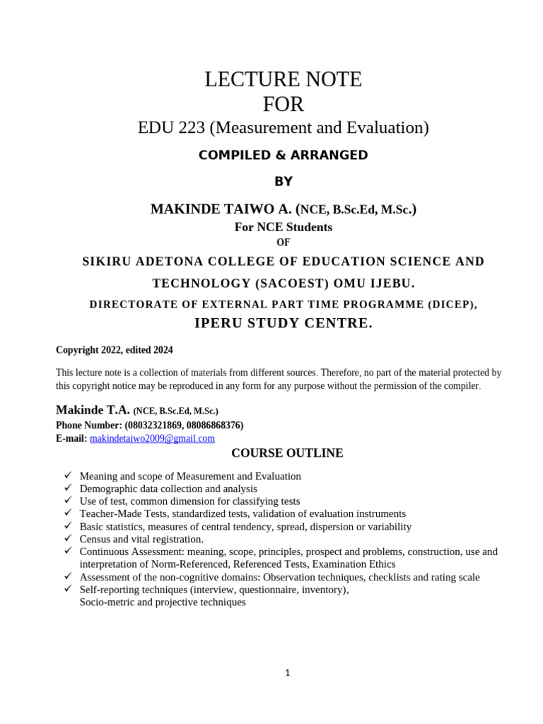 Edu 222 & 223 Measurement & Evaluation | PDF | Level Of Measurement | Questionnaire