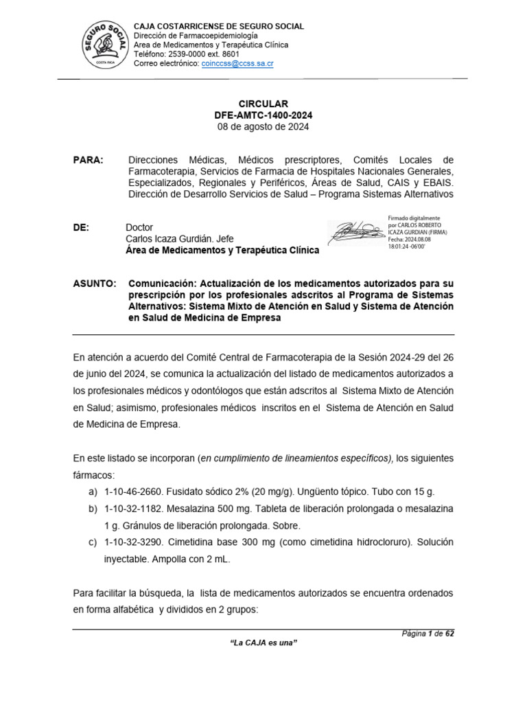 Medicina Mixta DFE-AMTC-1400-2024 Actualizacion Medicamentos Autorizados Sistemas Alternativos ...