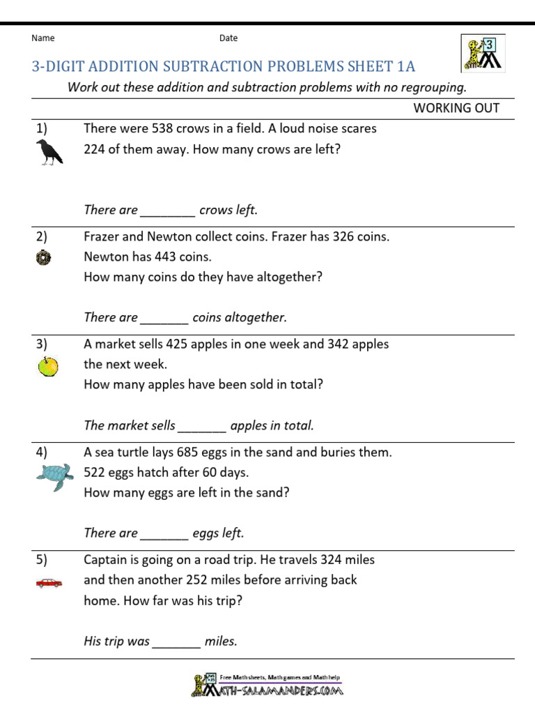 3 Digit Addition Subtraction Problems 1a 2a | PDF