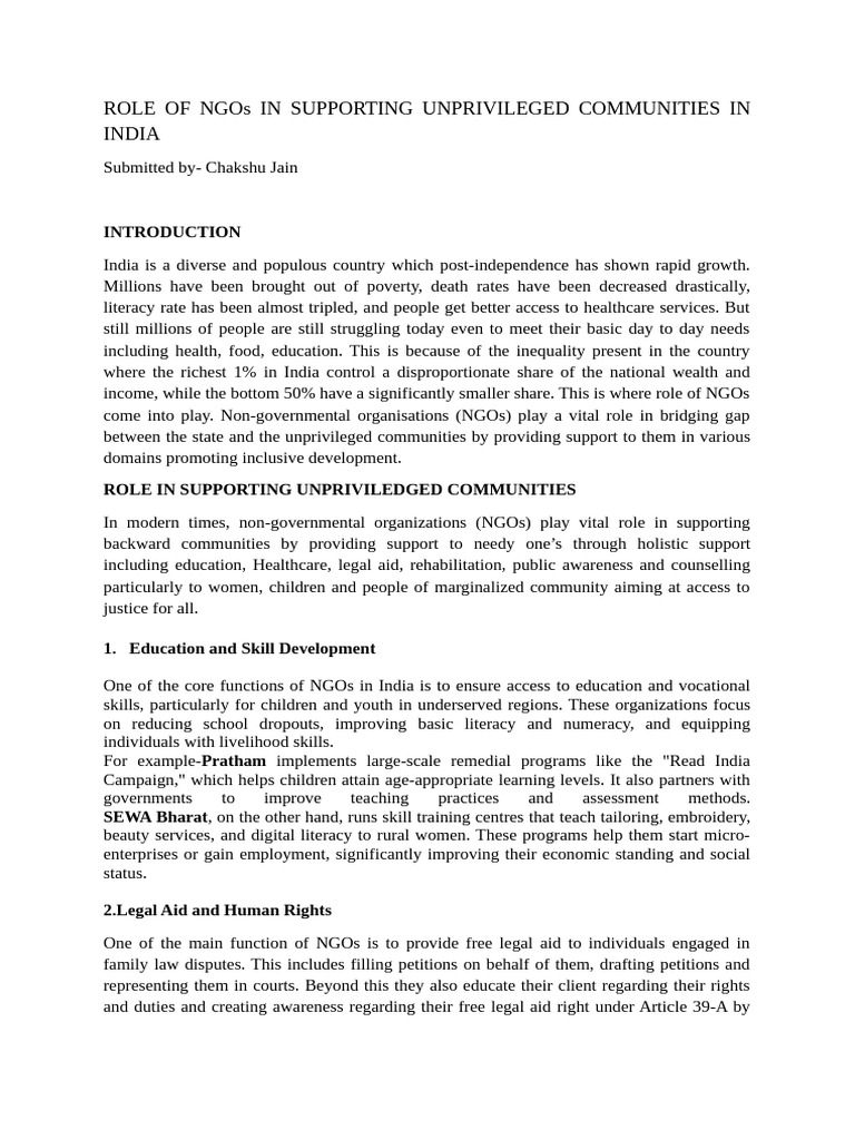 Role of Ngos in Supporting Unprivileged Communities in India | PDF ...