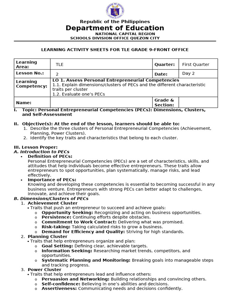 Tle9 Front Office 9 q1 d2 | PDF | Entrepreneurship | Behavior Modification