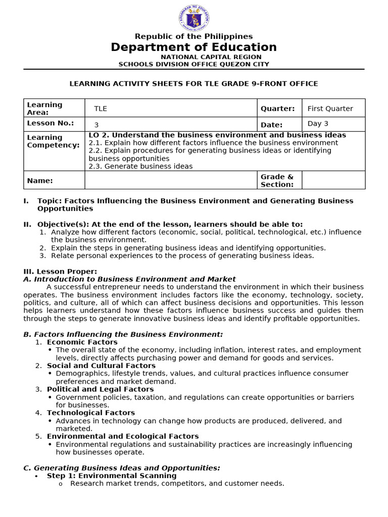 Tle9 Front Office 9 q1 d3 | PDF | Market (Economics) | Coffeehouse