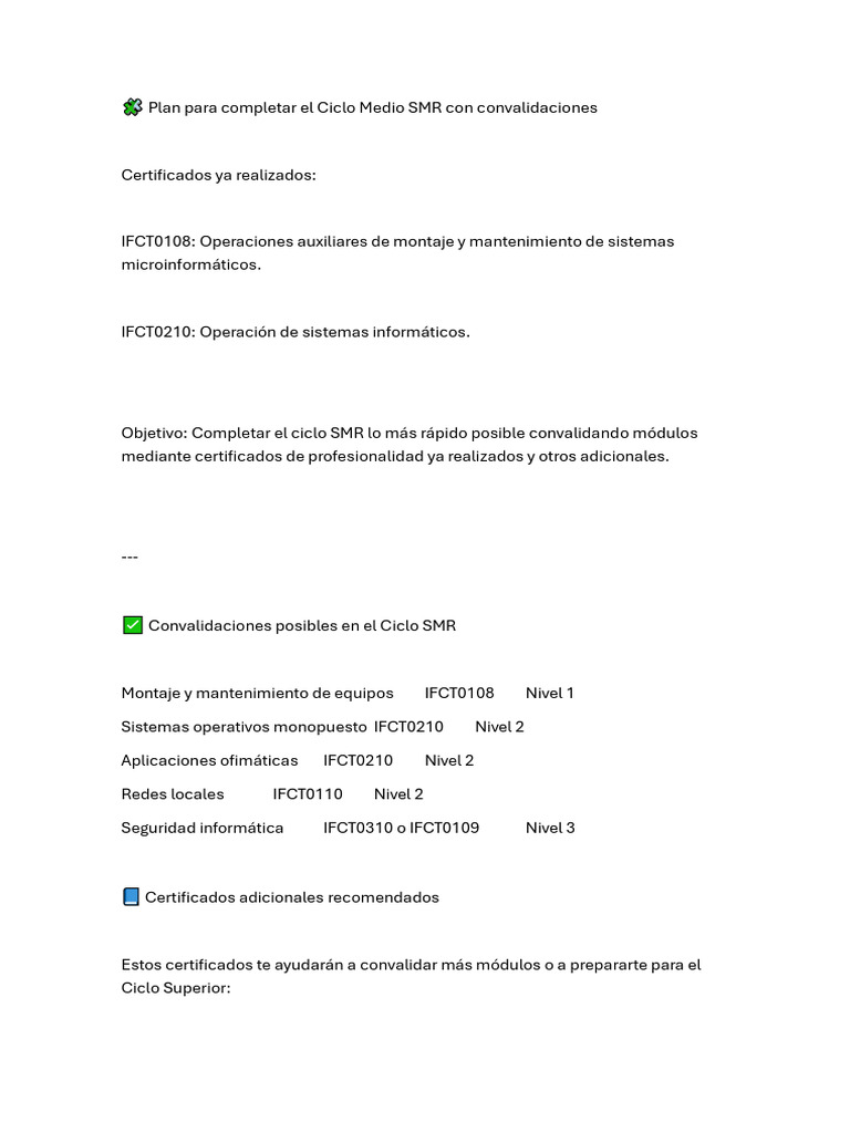 Convalidaciones para Ciclo Medio SMR | PDF