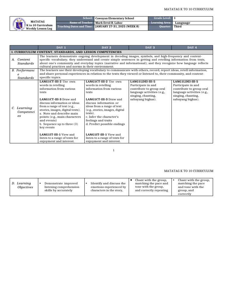 DLL Matatag - Language 1 - Q3 - W8 | PDF | Vocabulary | Curriculum