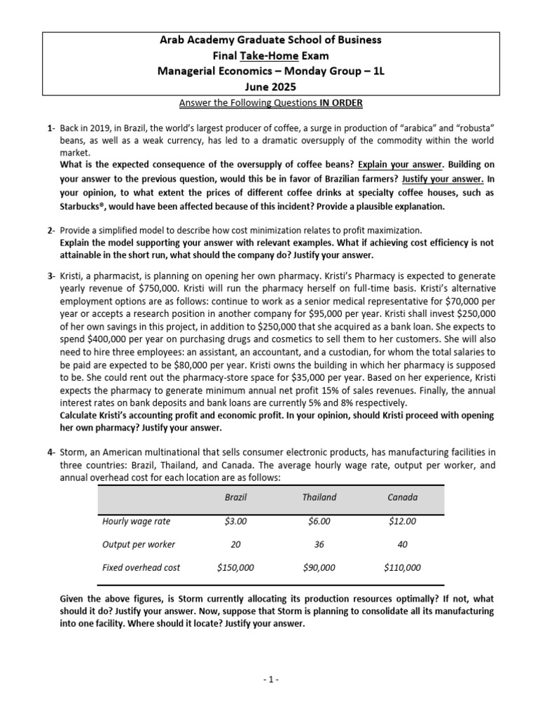 AAGSB Managerial Economics Final Exam Monday Group 1L June'25 | PDF | Profit (Economics) | Coffee