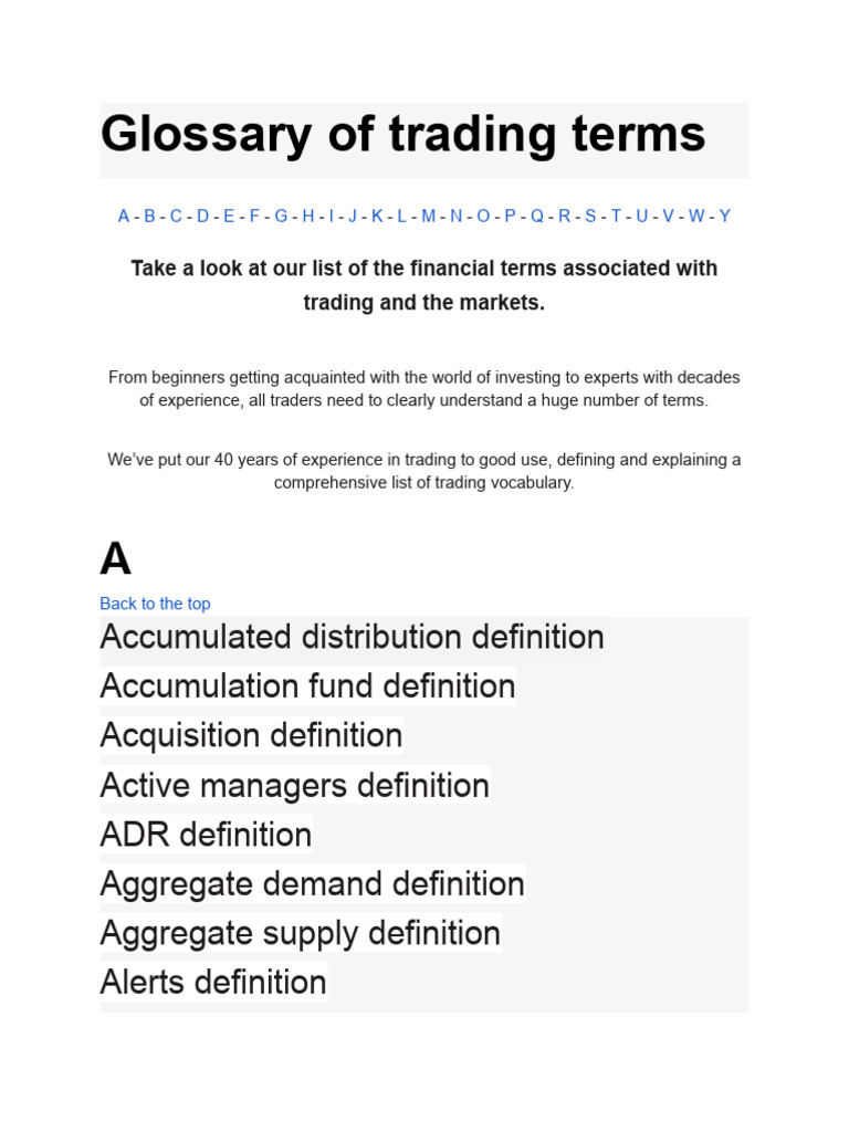 Comprehensive Trading Terms Glossary | PDF | Option (Finance) | Stocks