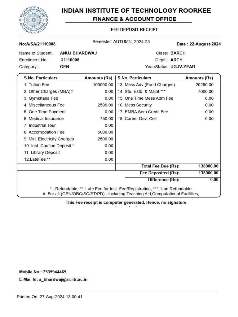Fee Receipt Autumn 2024 25 | PDF