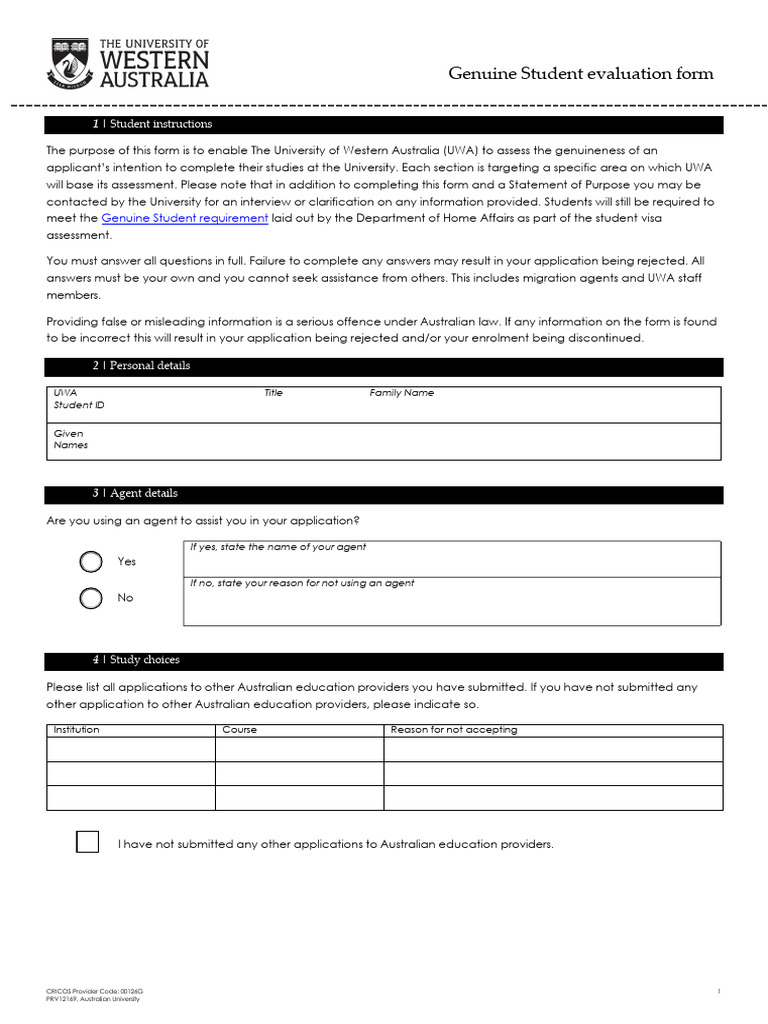 UWA Genuine Student Evaluation Form 5.4-2 | PDF | Travel Visa | Human ...