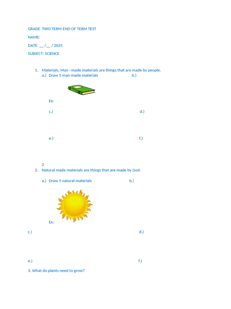 Grade 2 Science Term Test | PDF