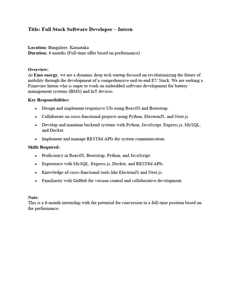 JD - Full Stack Software Developer Intern | PDF