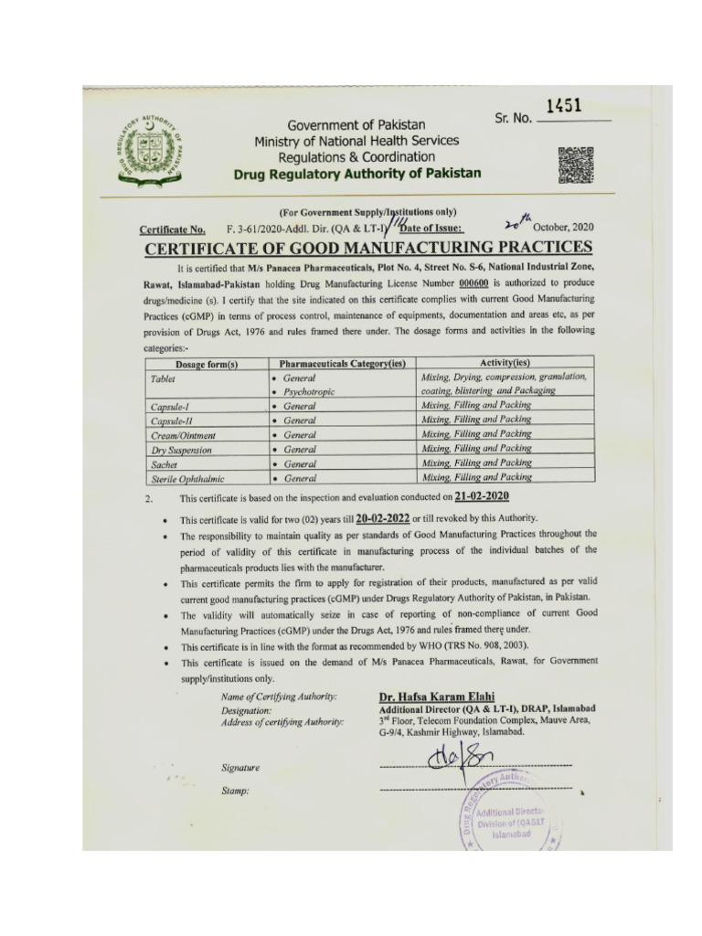 Panacea Pharma GMP Certificate | PDF