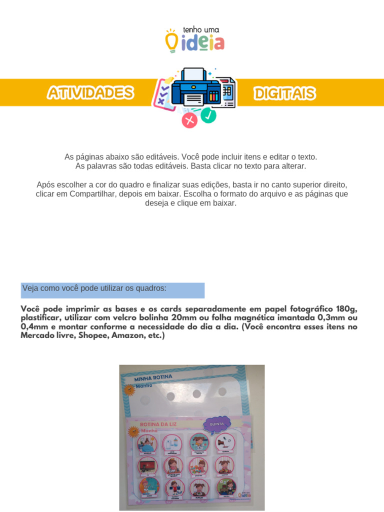 Quadro de Atividade Menino Impressão Tamanho A4 | PDF