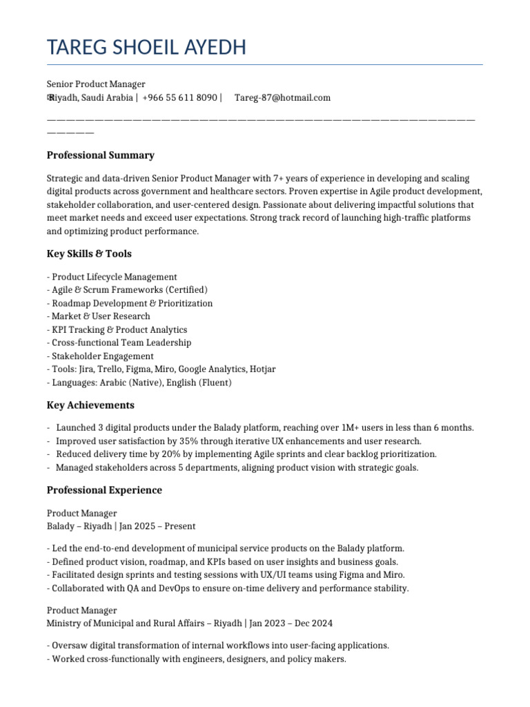 Tareg Shoeil Professional Resume | PDF | Agile Software Development | Scrum (Software Development)