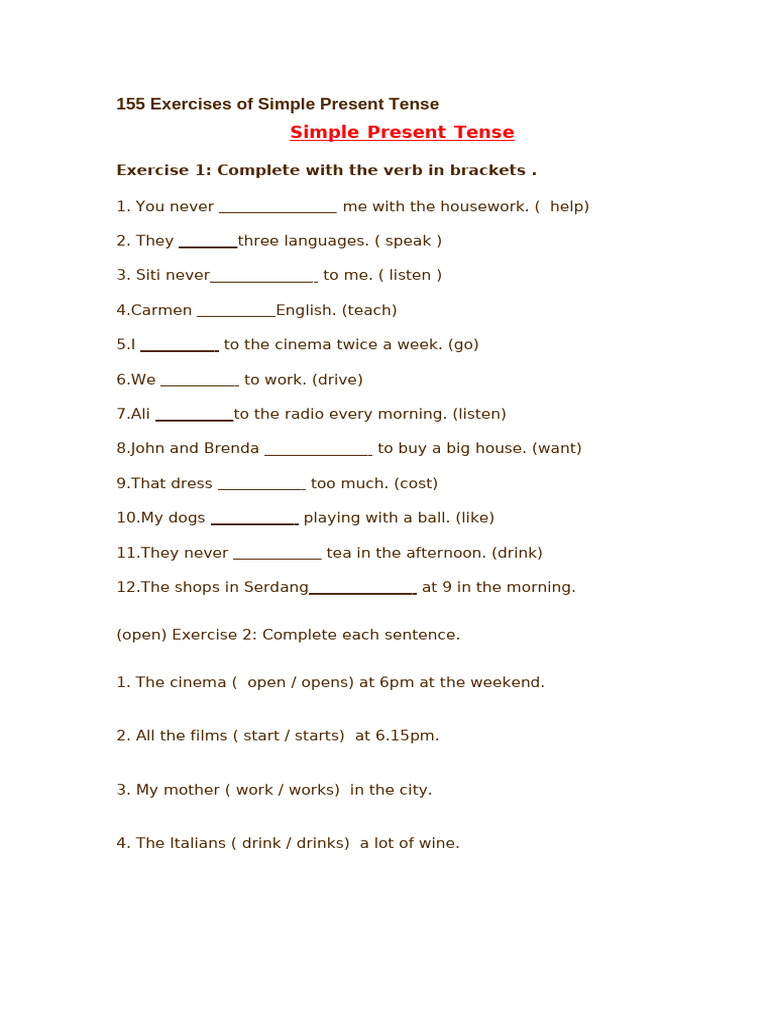 155 Exercises of Simple Present Tense | PDF