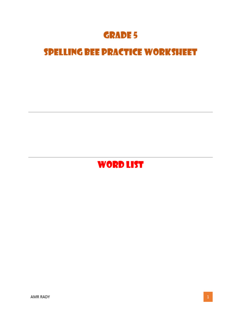 Grade 5 Spelling Bee Practice Worksheet | PDF