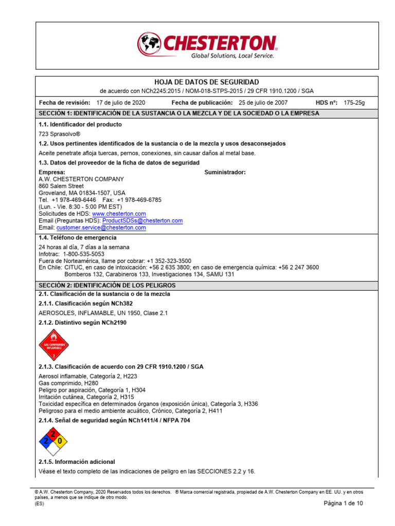 Hoja de Seguridad 723 Sprasolvo® | PDF | Agua | Destilación