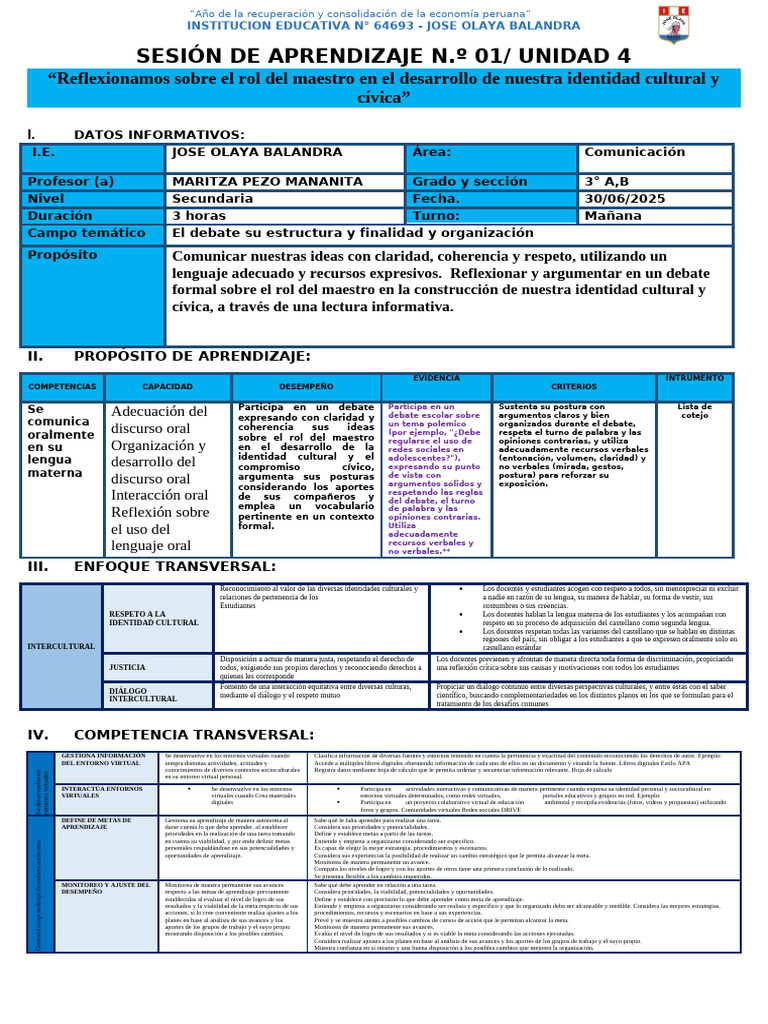 SESION N°1 - UNIDAD 4 - 2025 - 5to AÑO MARISOL | PDF | Aprendizaje | Enseñando