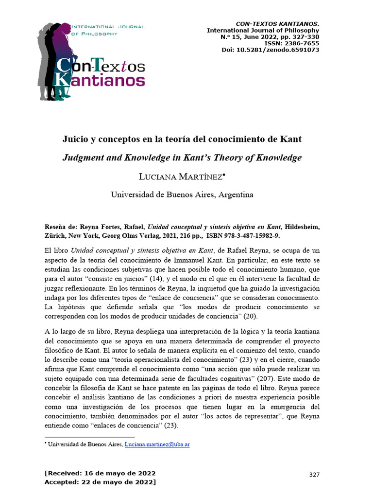 Juicio y Conceptos en La Teoría Del Conocimiento de Kant: Judgment and ...