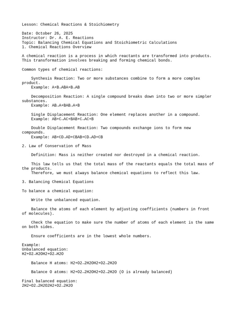 Lesson Chemical Reactions & Stoichi | PDF | Stoichiometry | Mole (Unit)