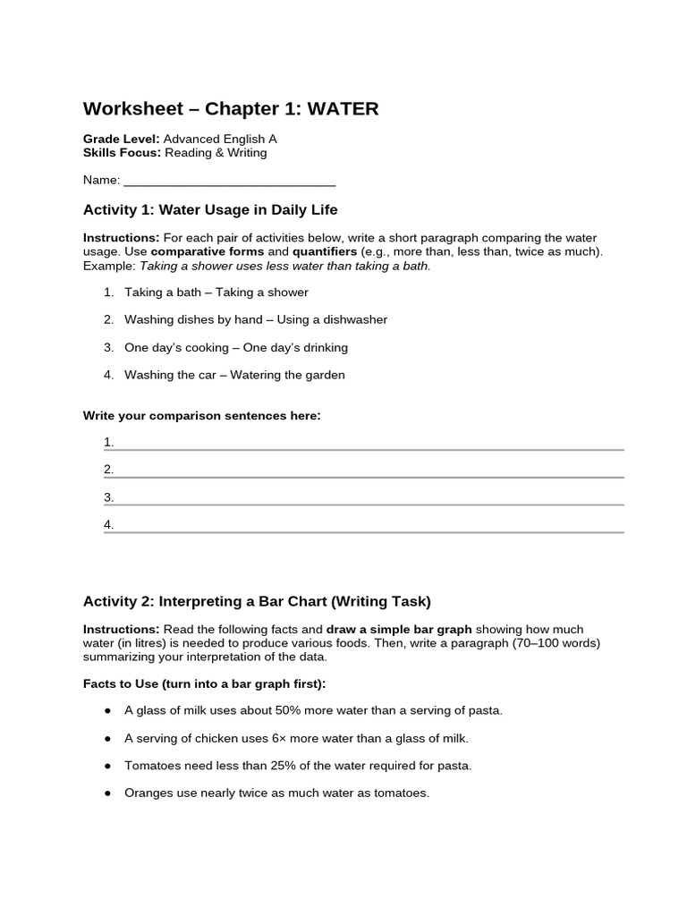 Water Usage Worksheet for Advanced English | PDF | Water