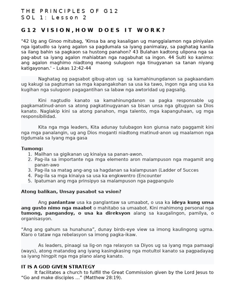 SOL 1 Lesson 2 Priciples G12 VISION | PDF