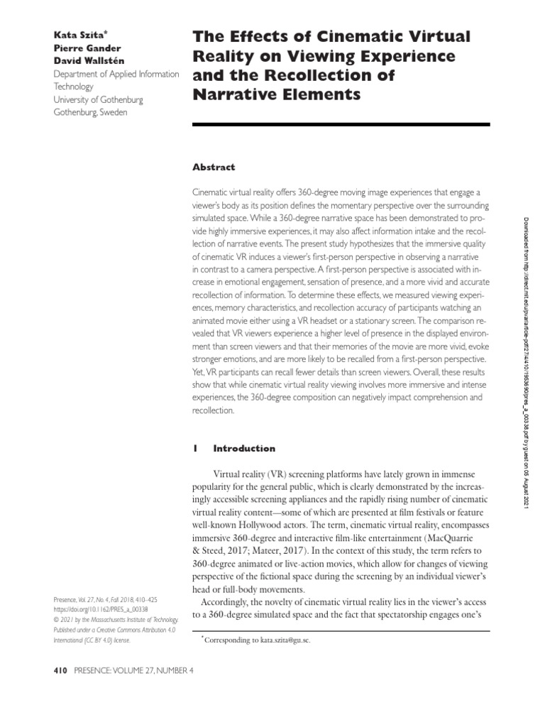 The Effects of Cinematic Virtual Reality On Viewin | PDF | Virtual ...