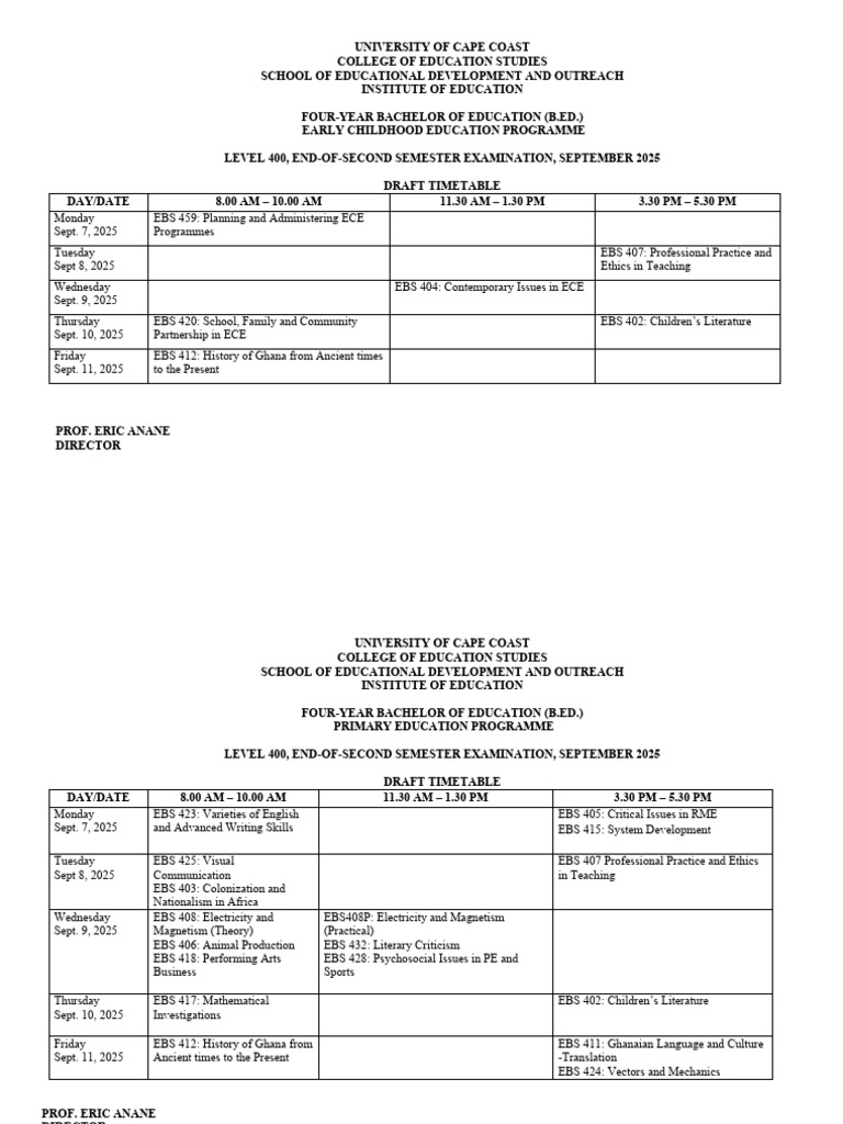 l400 Draft End of Sem Timetable Sept. 2025 | PDF