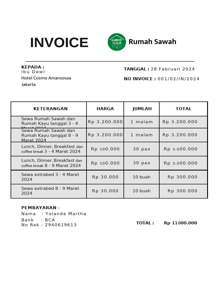Invoice Sewa Villa Rumah Sawah | PDF