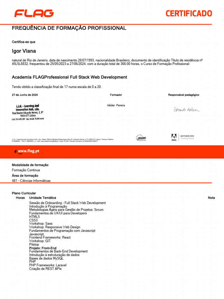Certificado-Academia FLAGProfessional Full Stack Web Development | PDF