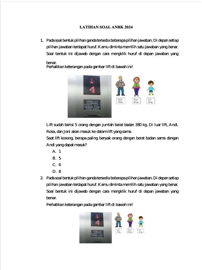 Soal ANBK 2024: Latihan Lift dan Matematika | PDF
