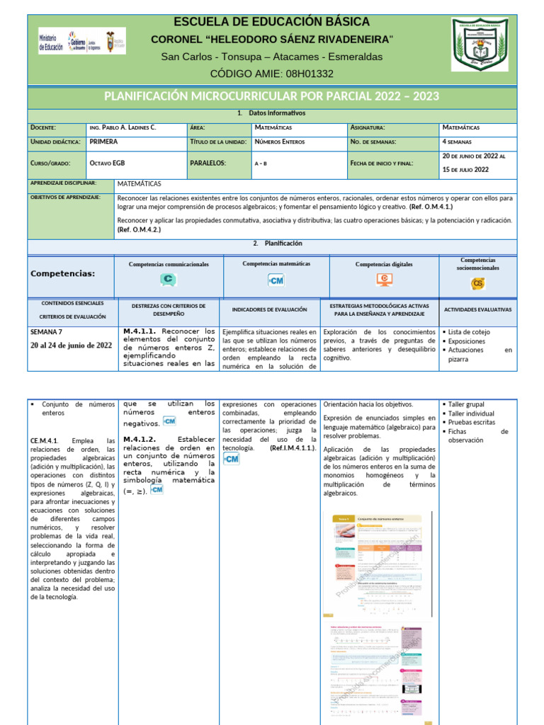 PLAN UNIDAD 1 8vo. 2022 - 2023 | PDF | Multiplicación | Sustracción