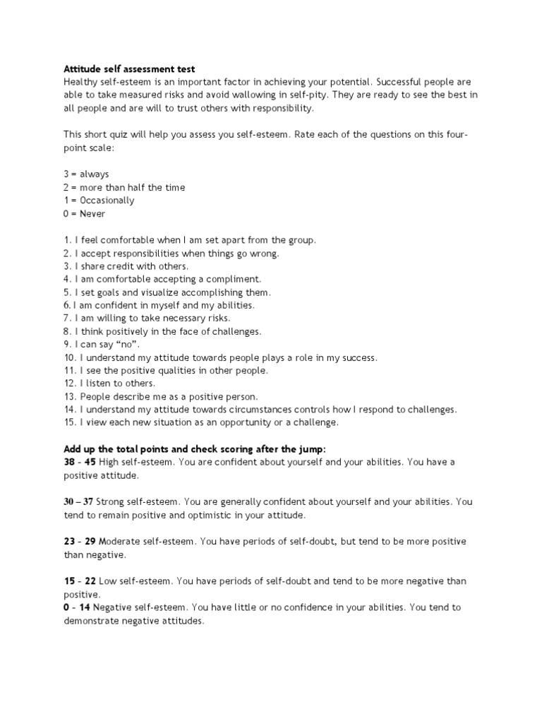 Self-Esteem Attitude Assessment Test | PDF | Attitude (Psychology) | Risk