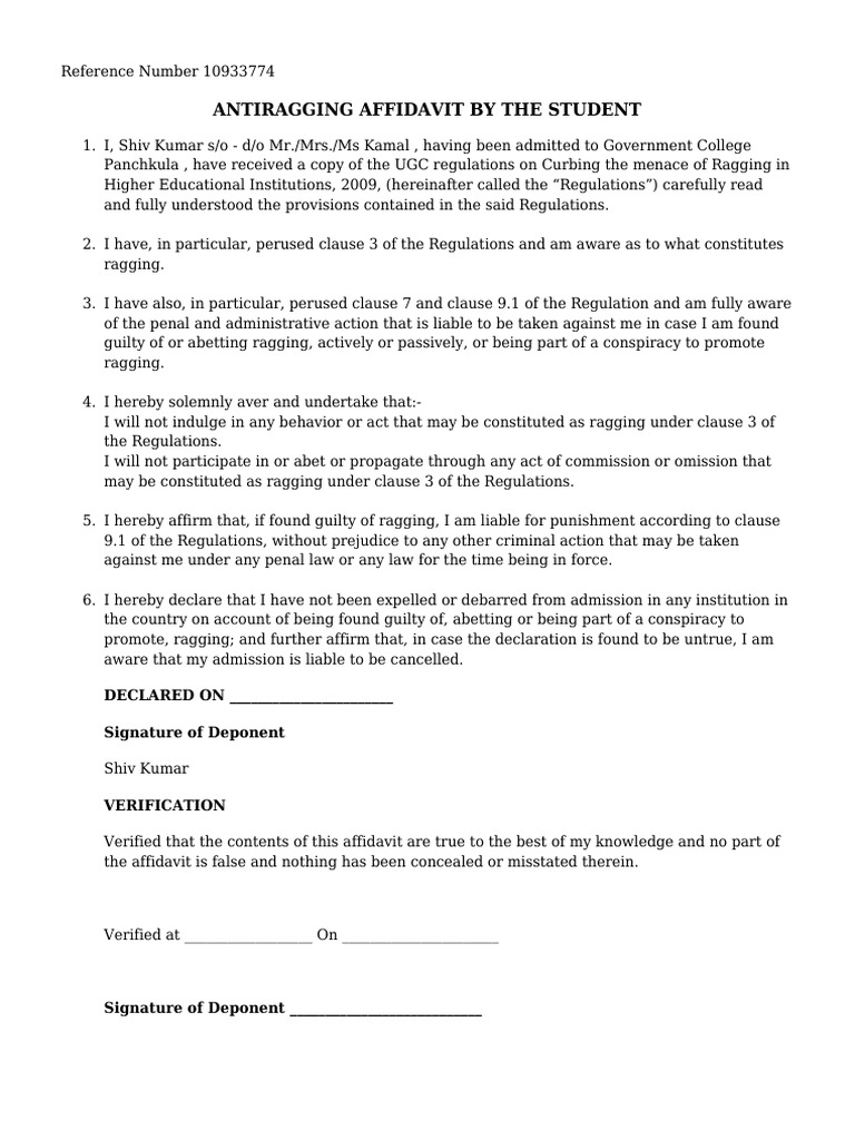 Anti Ragging Affidavit Form | PDF | Affidavit