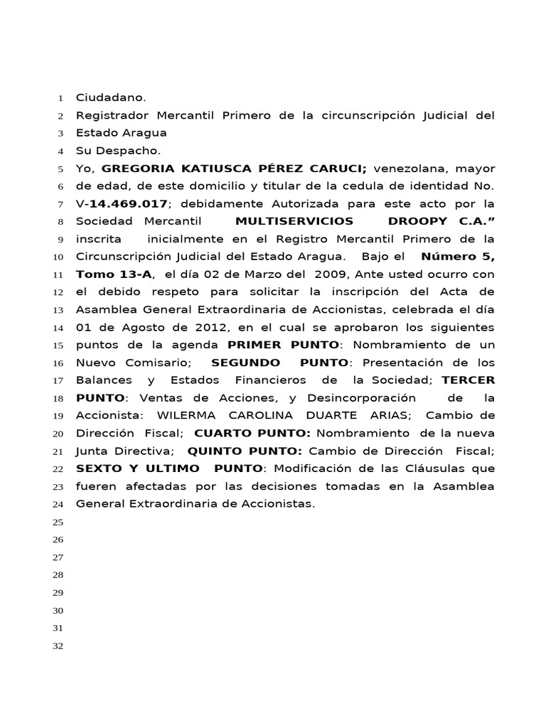 Acta Asablmultiservicio Droopy C.A. (Aumetnto de Capotal 8-10-2.012) | PDF | Mercado de divisas ...