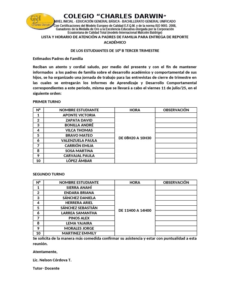 Horar Entr Repor Aca Trim3 10°b2025 | PDF