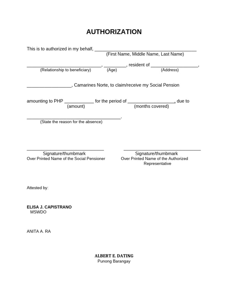 Social Pension Authorization Letter | PDF