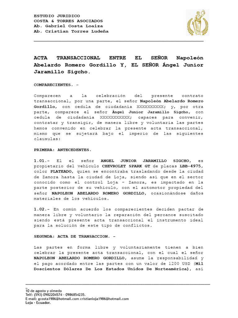 Acta Transaccional Transito | PDF