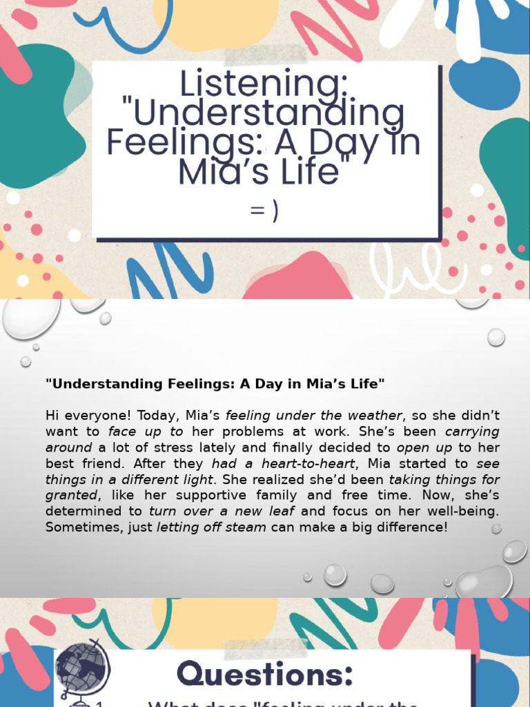 Listening Understanding Feelings A Day in Mias Life-1 | PDF