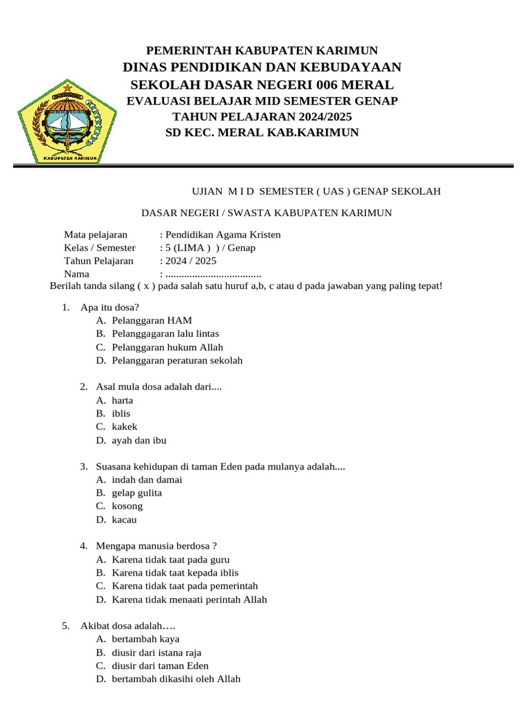 Soal Kelas 5 Agama Kristen | PDF