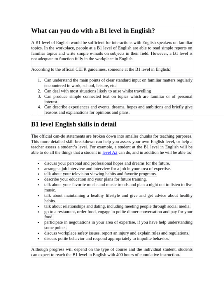 B1 English Level Skills Overview | PDF