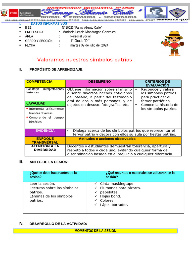 Valoramos Nuestro Simbolos Patrios 1° D | PDF | Perú