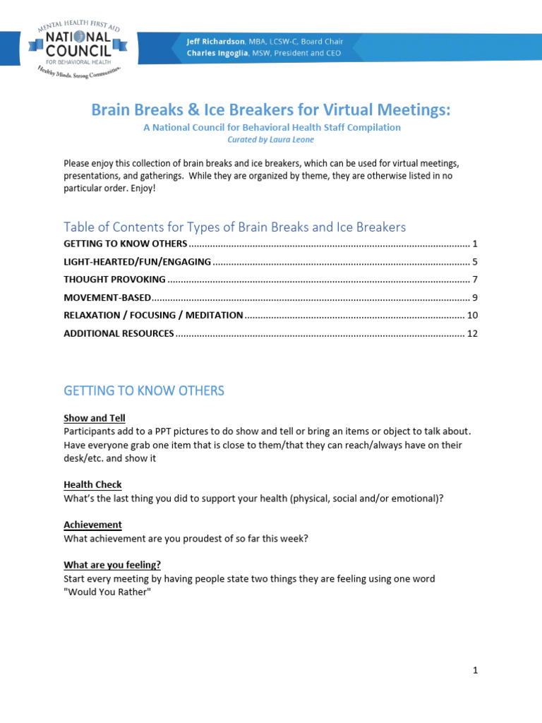 Brain Breaks for Virtual Meetings | PDF | Breathing | Relaxation ...