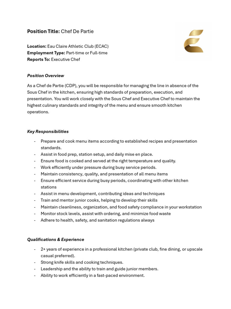 Chef De Partie Position Overview | PDF