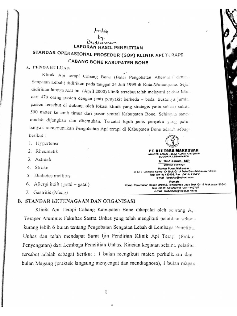 Sop Klinik Apitherapi PT - Bee Toba Makassar by Budiaman | PDF