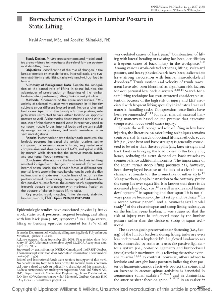 Biomechanics of Changes in Lumbar Posture in Static Lifting | PDF ...