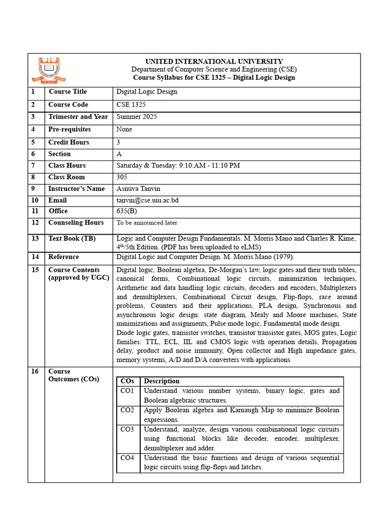 CSE 1325 Digital Logic Design Syllabus | PDF | Logic Gate | Boolean Algebra