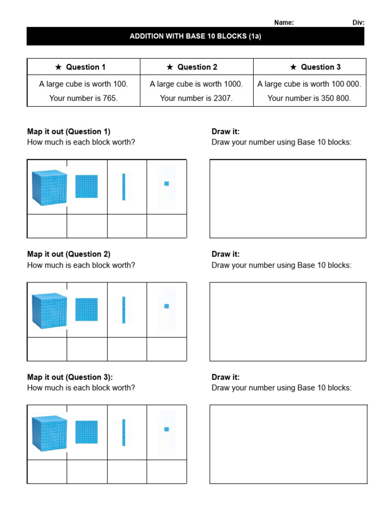 Base 10 Blocks Addition Guide | PDF