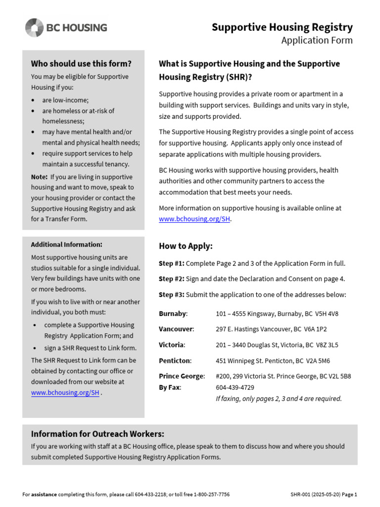BC Supportive Housing Application Form | PDF | Disability